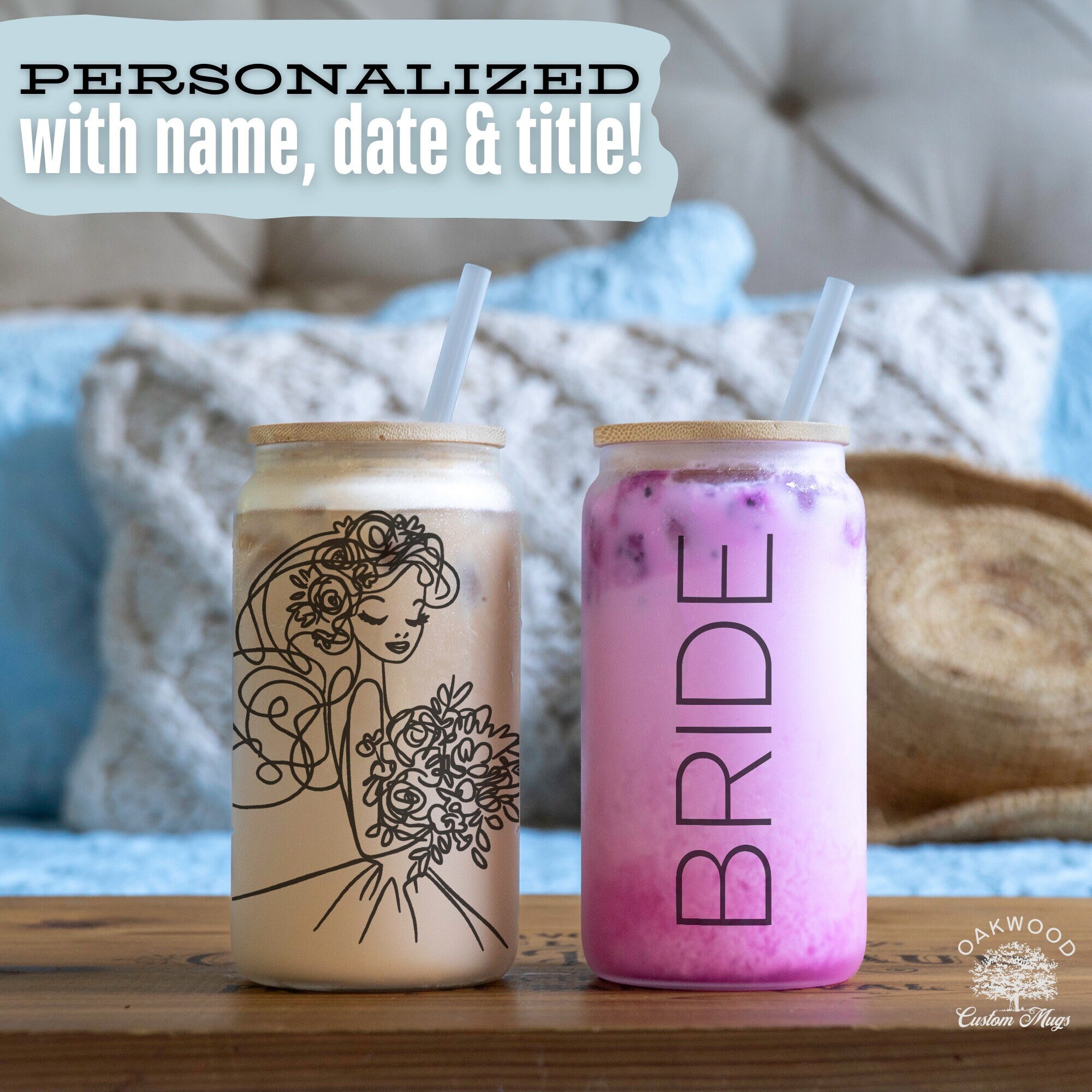 Personalized Bride Frosted Glass Cup With Lid and Straw, Custom Bridal ...
