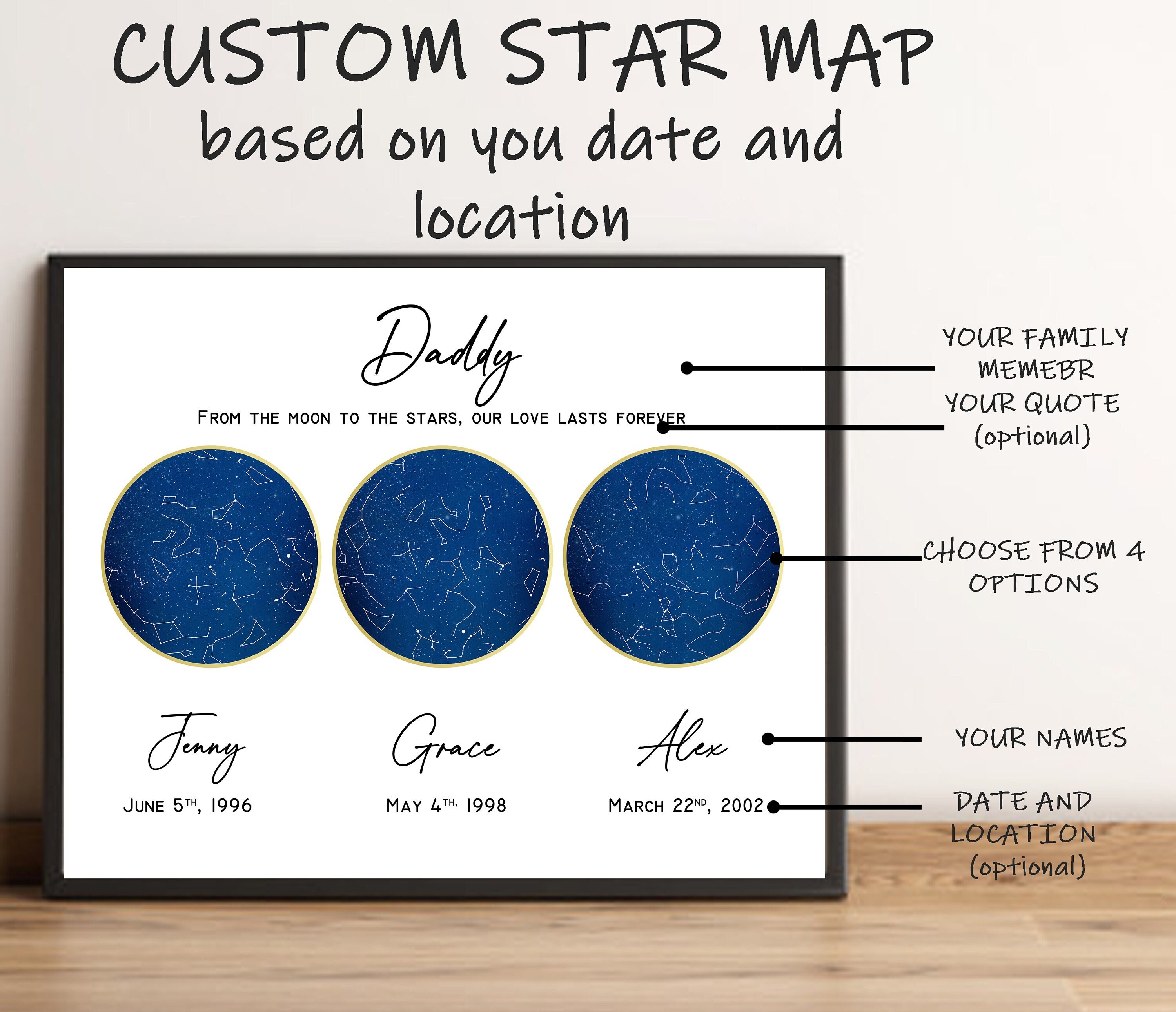 Custom Star Map, Night Sky, 3 Maps Father's Day Dad Daddy Pa Gift Heart ...