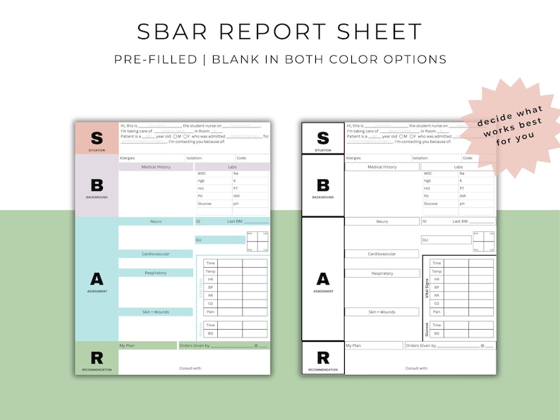 Nursing School SBAR Sheet | Med Surg Nurse Report | Clinical Simulation ...