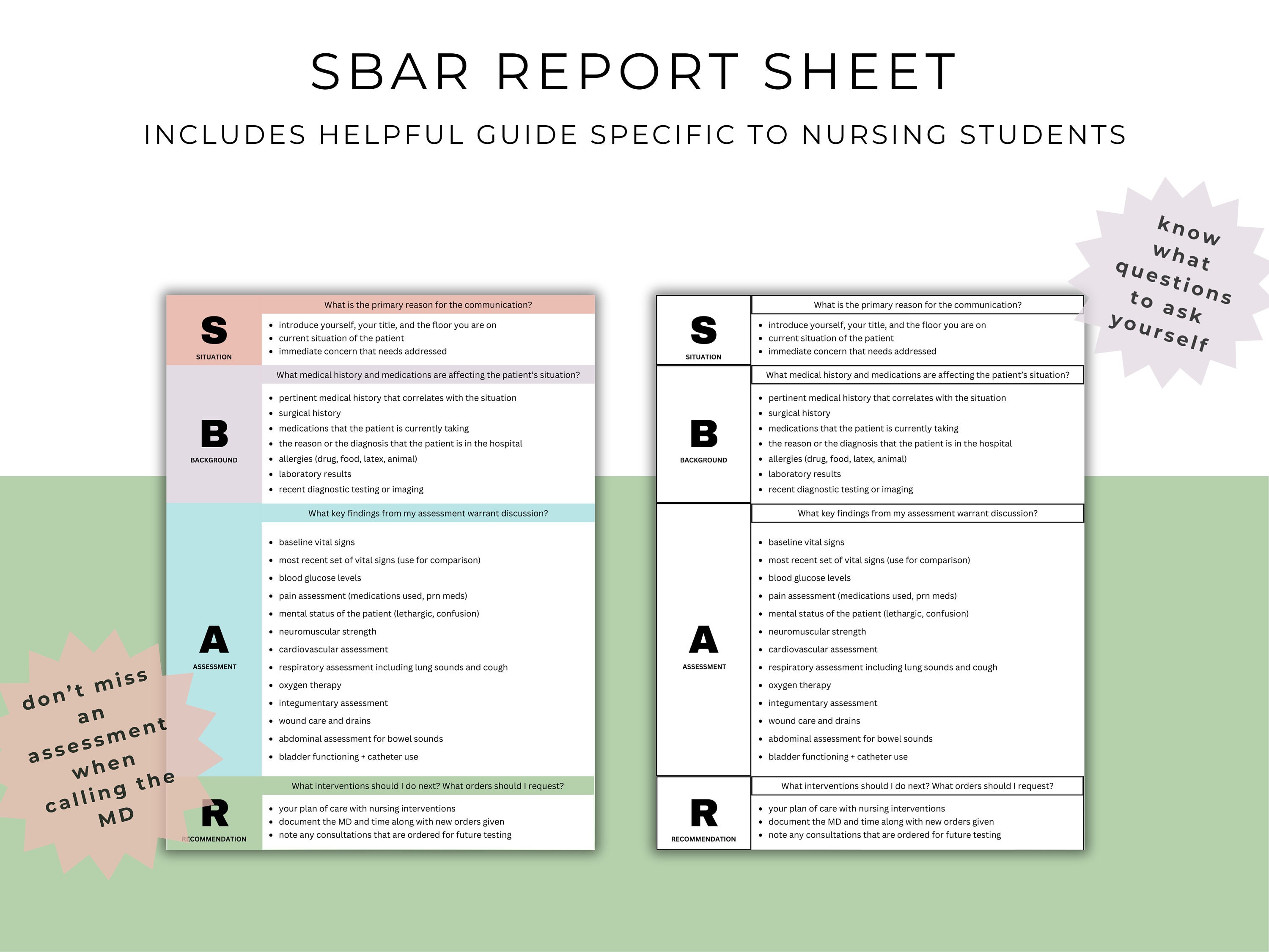 Nursing School SBAR Sheet Med Surg Nurse Report Clinical Simulation Aid ...