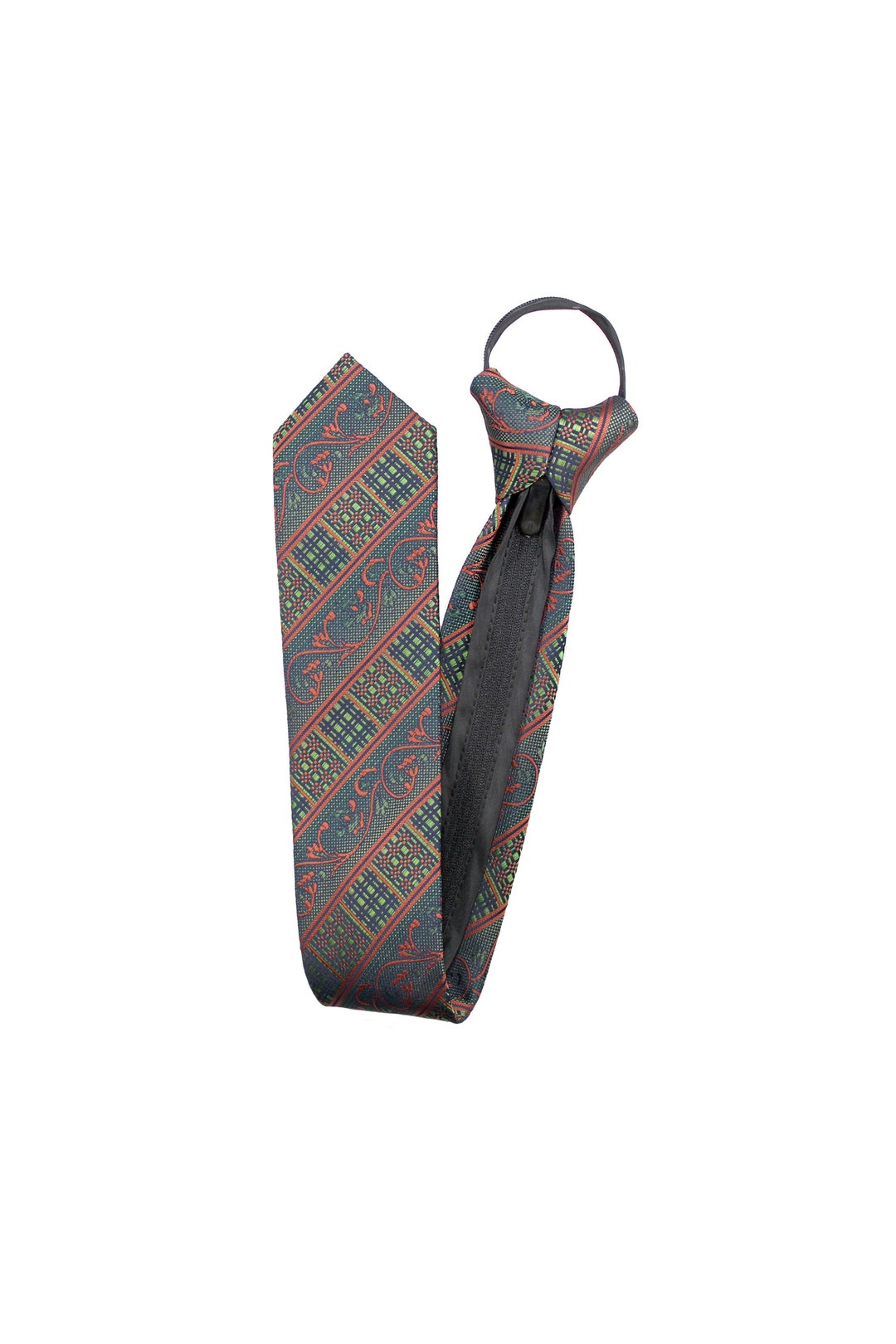 Green and Red Floral Plaid Zipper Necktie - Handmade Zip-up Tie for ...
