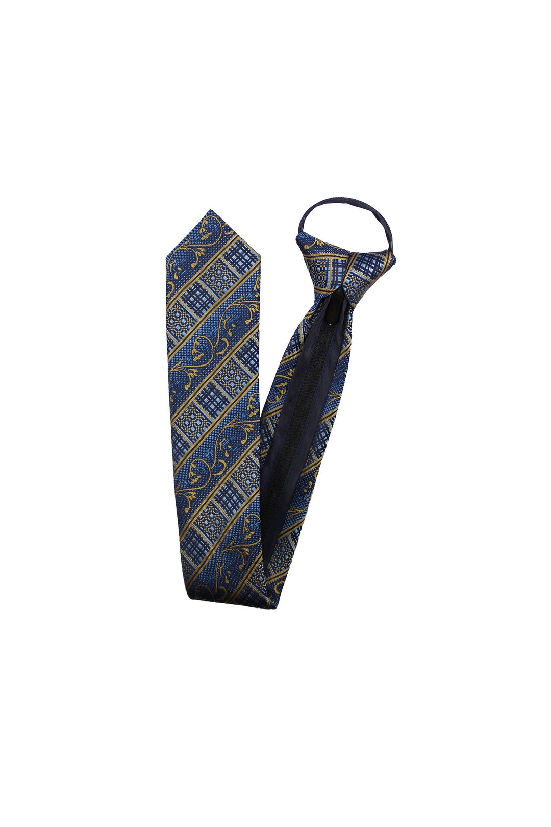 Blue and Gold Floral-plaid Zipper Necktie - Handmade Zip up Tie for ...