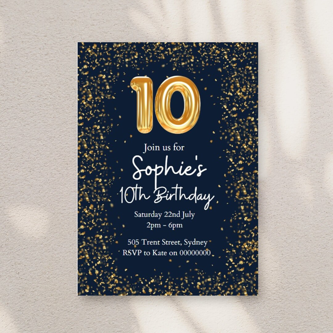 Printable Gold 10th Birthday Invitation Template, Gold Confetti ...