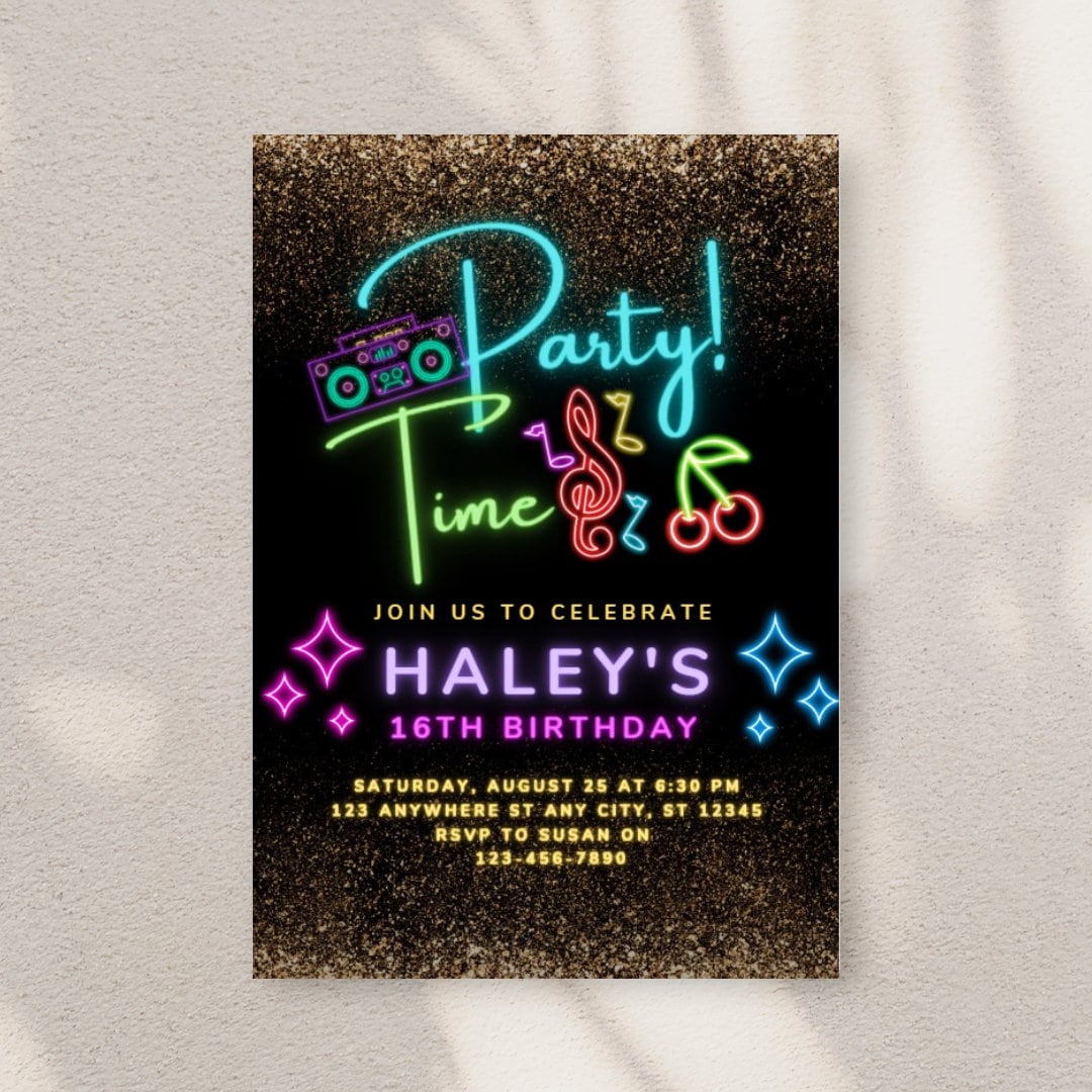 Neon Party Invitation Template, Special Event Invitation, 16th Birthday ...