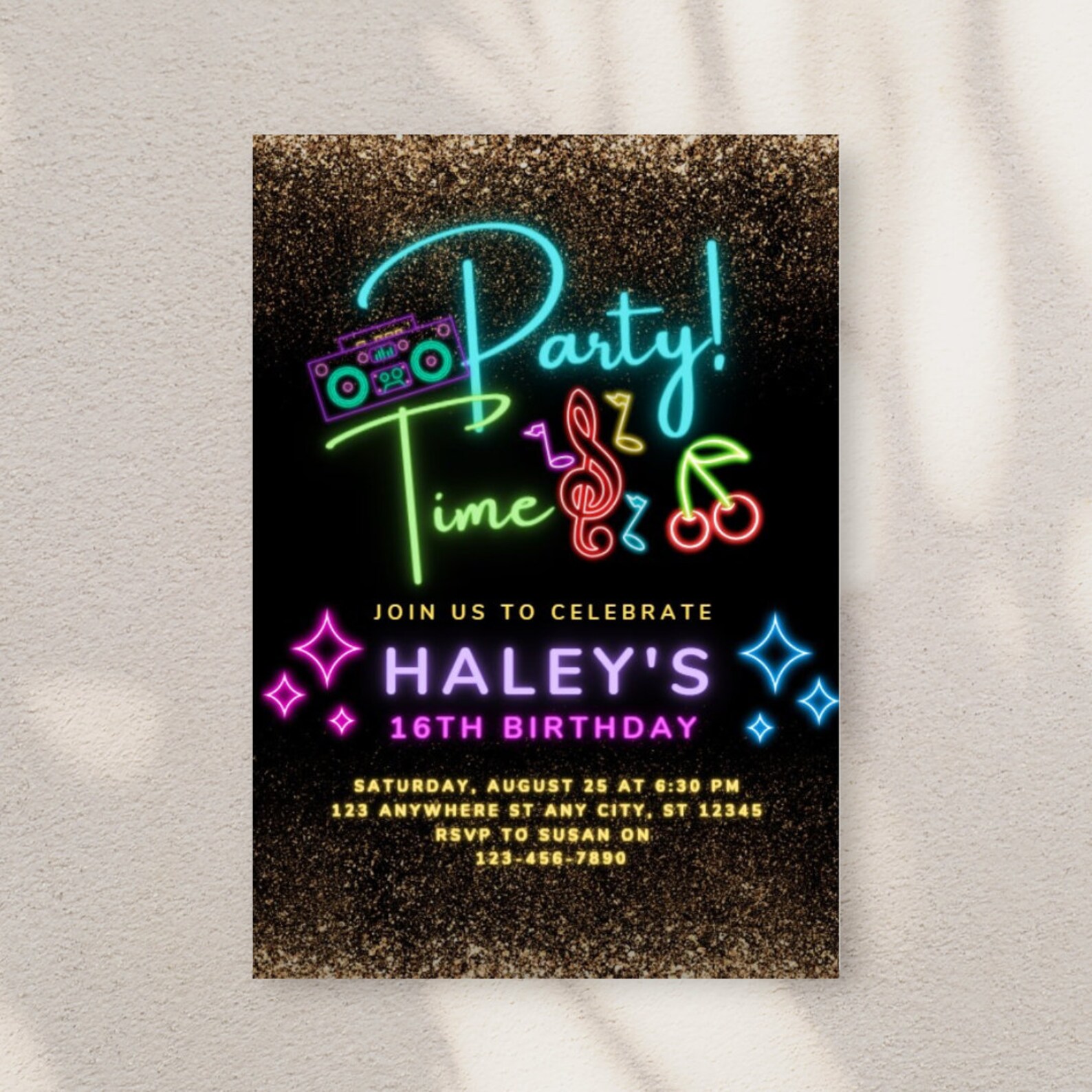 Neon Party Invitation Template, Special Event Invitation, 16th Birthday ...