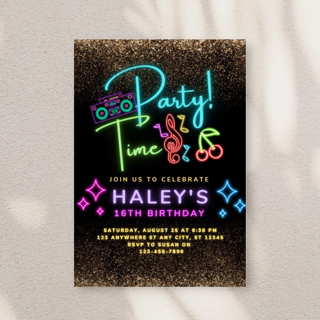 Neon Party Invitation Template, Special Event Invitation, 16th Birthday ...