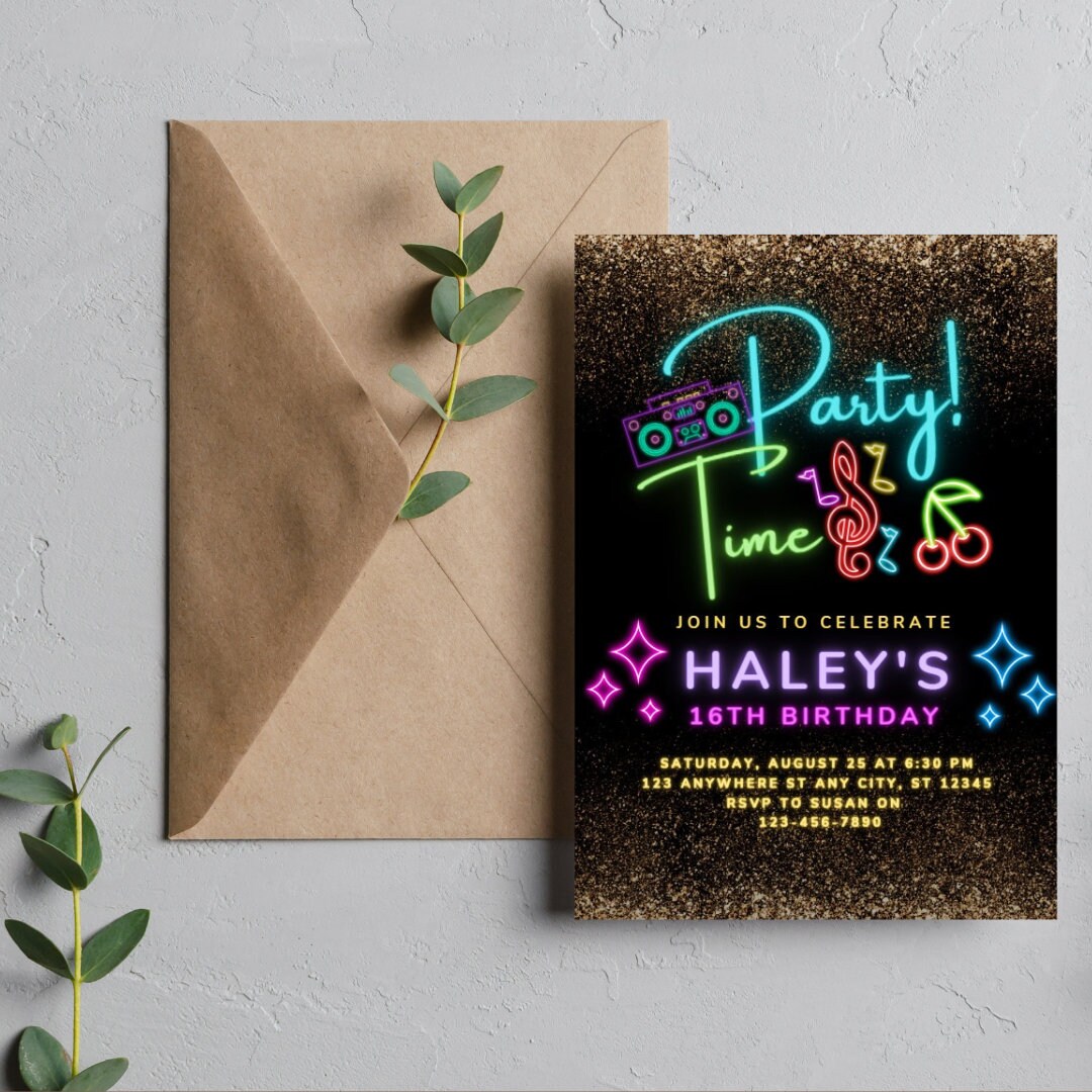 Neon Party Invitation Template, Special Event Invitation, 16th Birthday ...