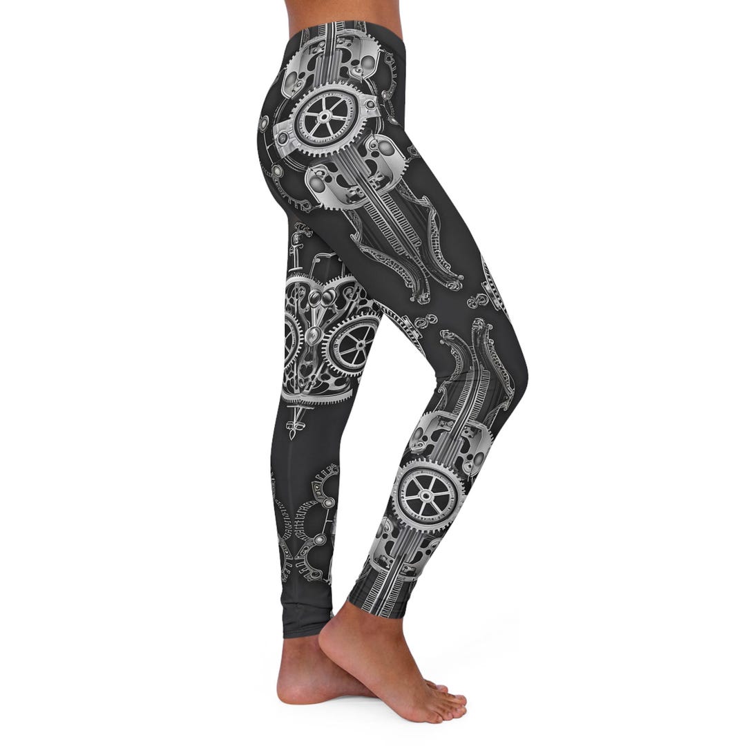 Steampunk Leggings, Monochrome Women's Spandex Pants, Casual Printed ...