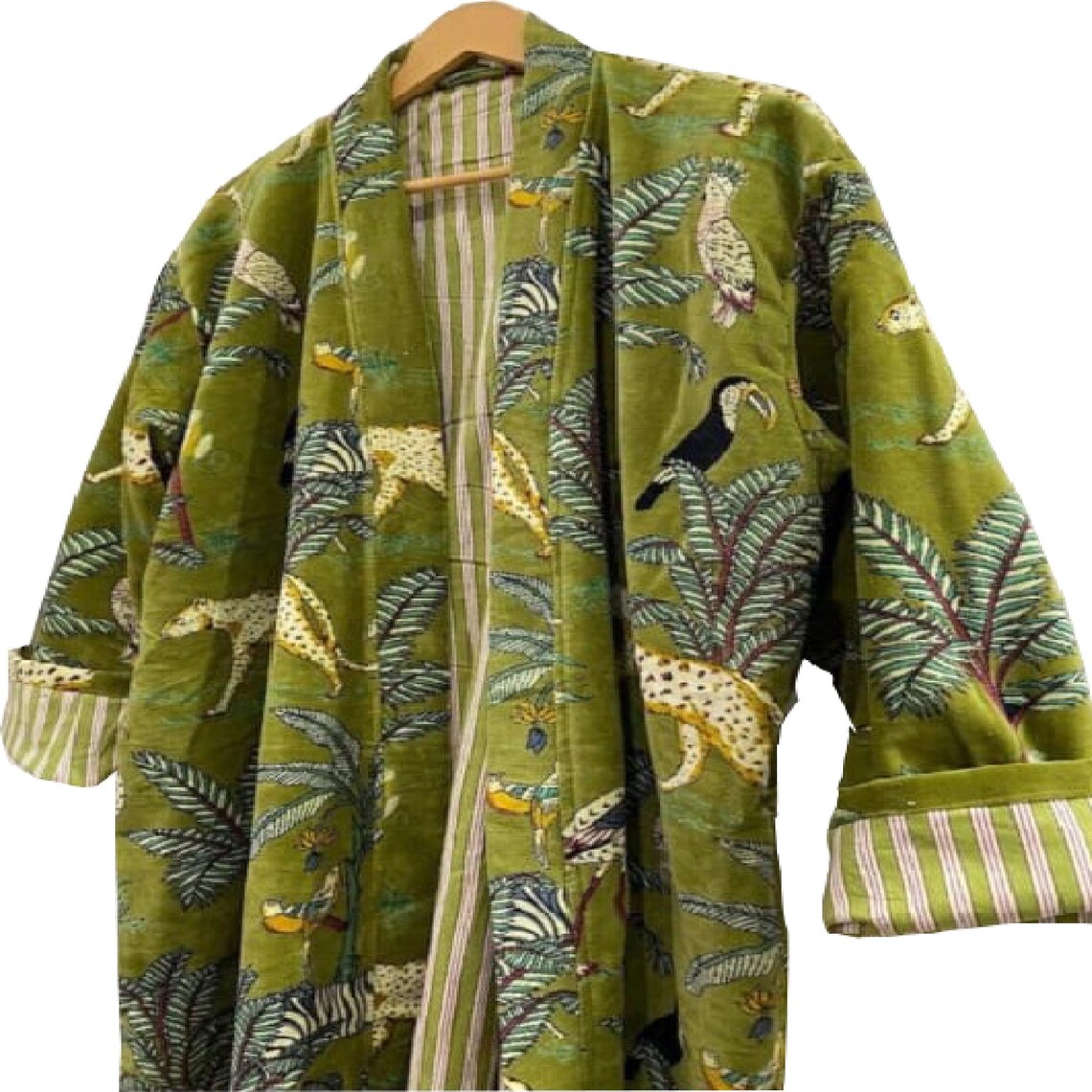 Green Jungle Print Velvet Kimono Robes,morning Tea Velvet Coat ...