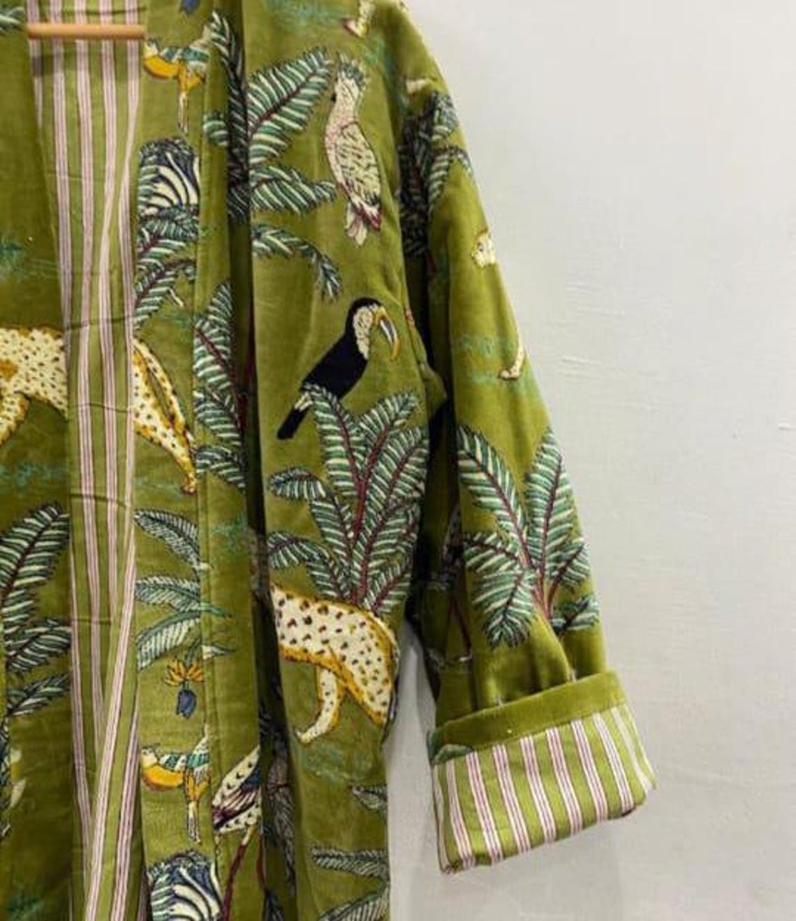 Green Jungle Print Velvet Kimono Robes,morning Tea Velvet Coat ...