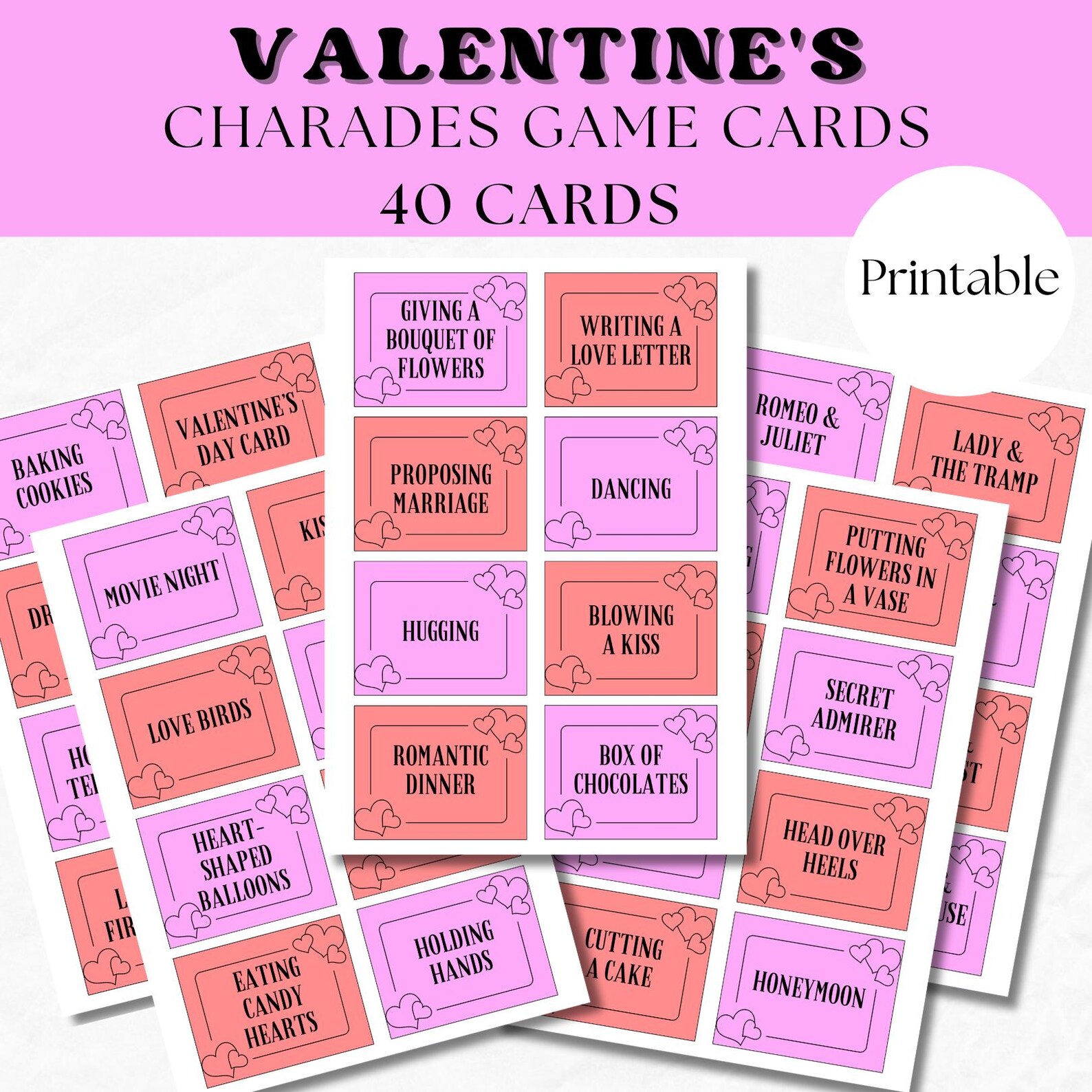 Valentine's Charades Game Cards, Valentine's Day Printable Charades ...