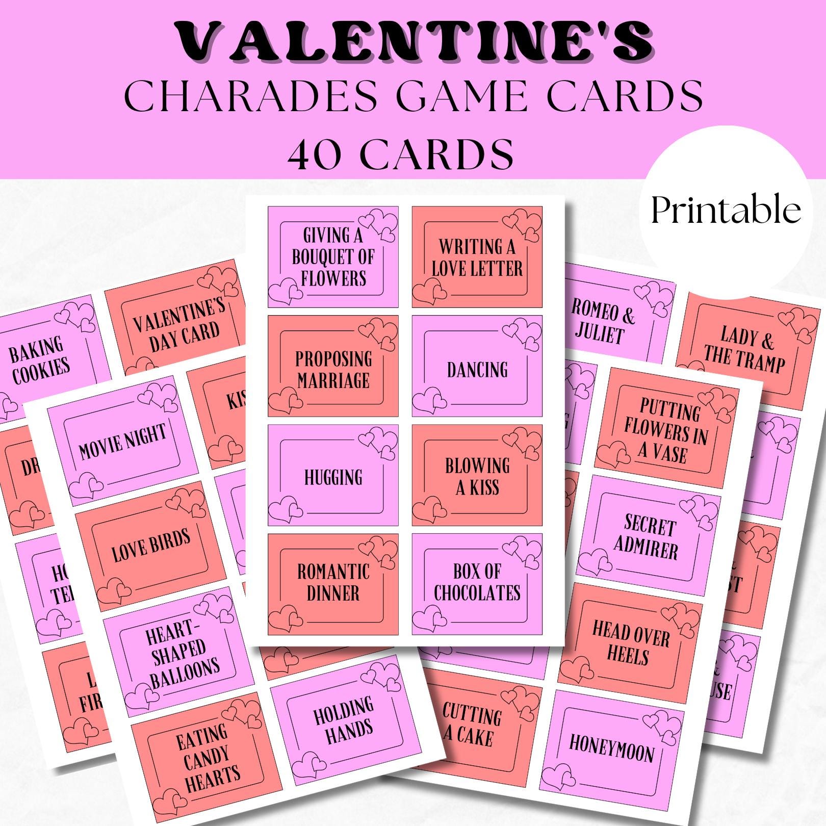 Valentine's Charades Game Cards, Valentine's Day Printable Charades ...
