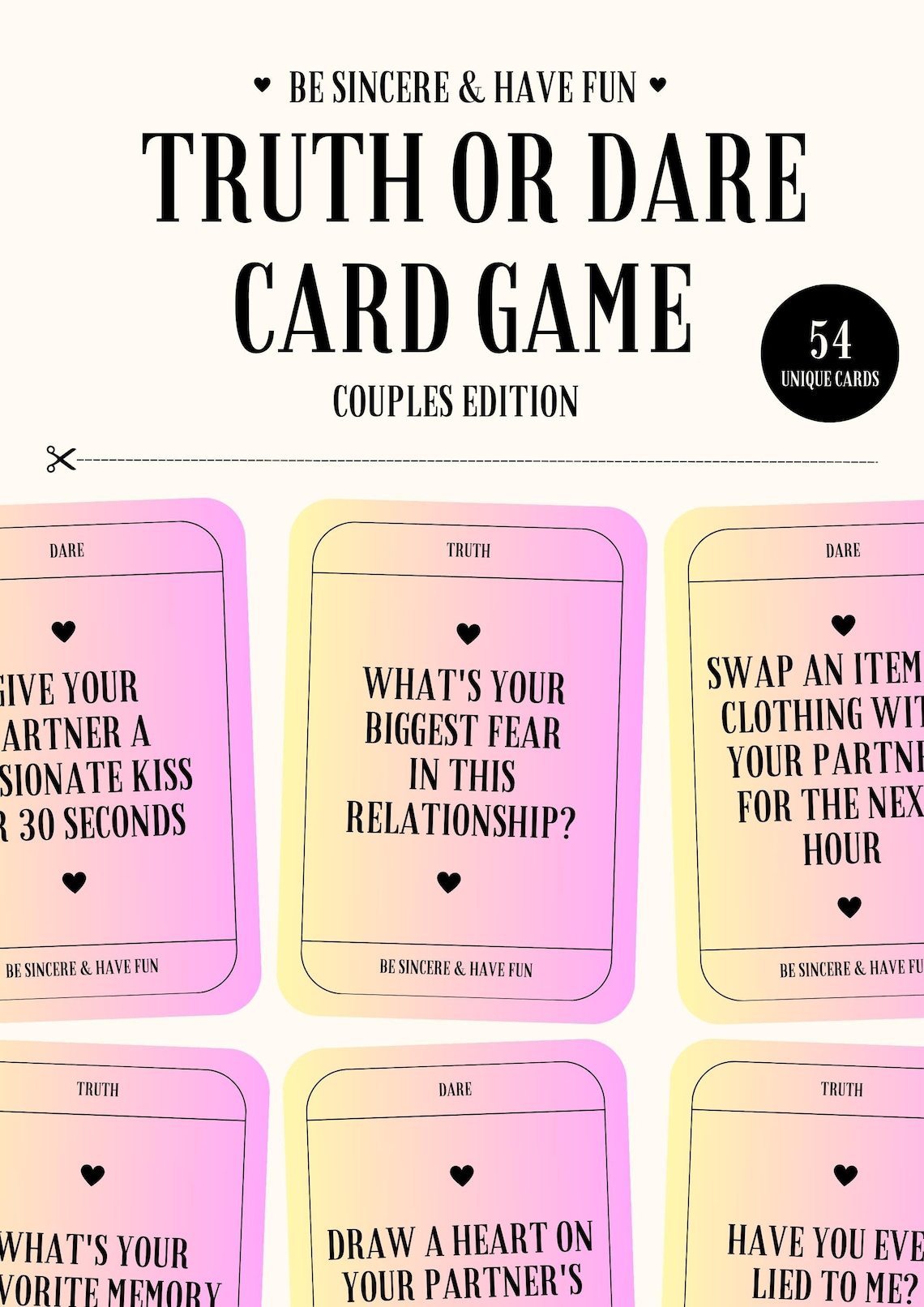 Couples Truth or Dare Card Game: Printable Date Night Conversation ...