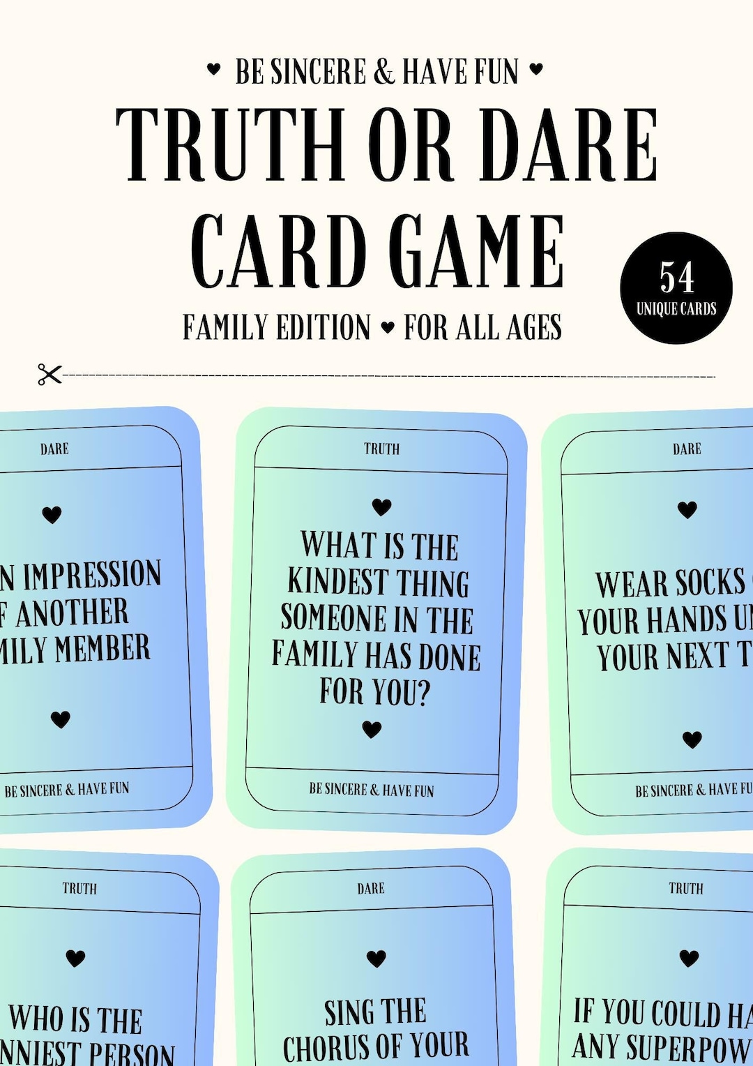 Family Truth or Dare Card Game: Printable Conversation Starter (PDF) - Etsy