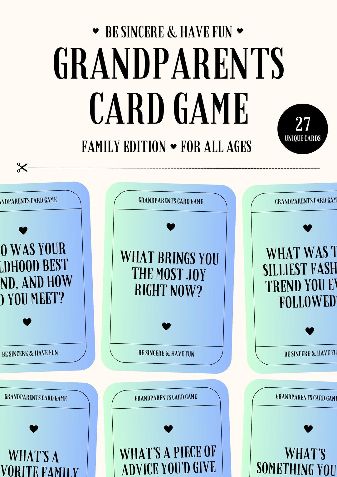 Grandparent Conversation Starter Cards: Family Game (printable PDF ...