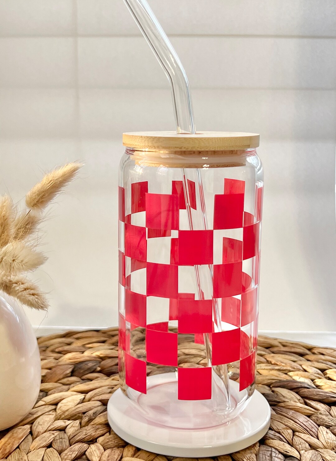 Pink Checkered Glass Cup PINK Glass Can Cup Iced Coffee Glass Can Cup ...