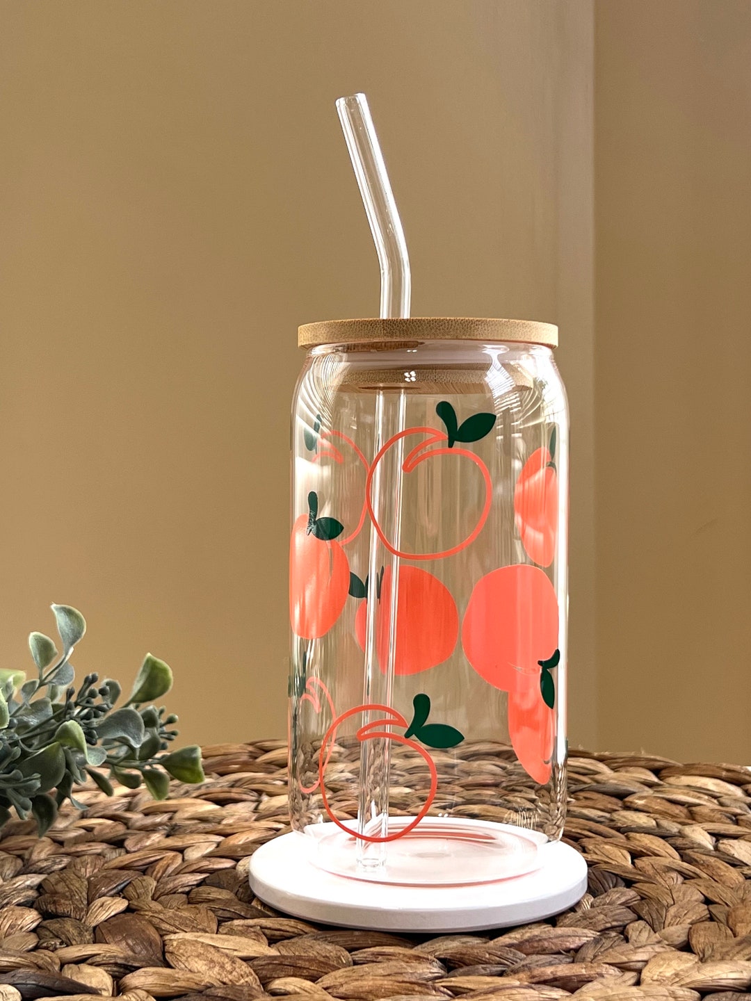 Peach Glass Can Cup Iced Coffee Glass Cup With Lid and Straw Fruity ...