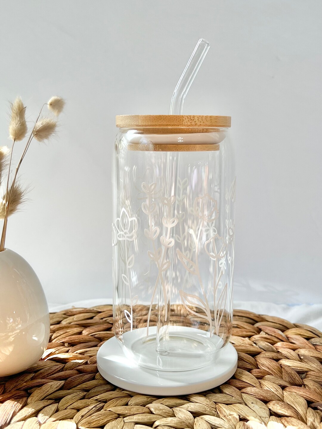 Wildflower Glass Cup Personalized Glass Can Floral Glass Tumbler Iced ...