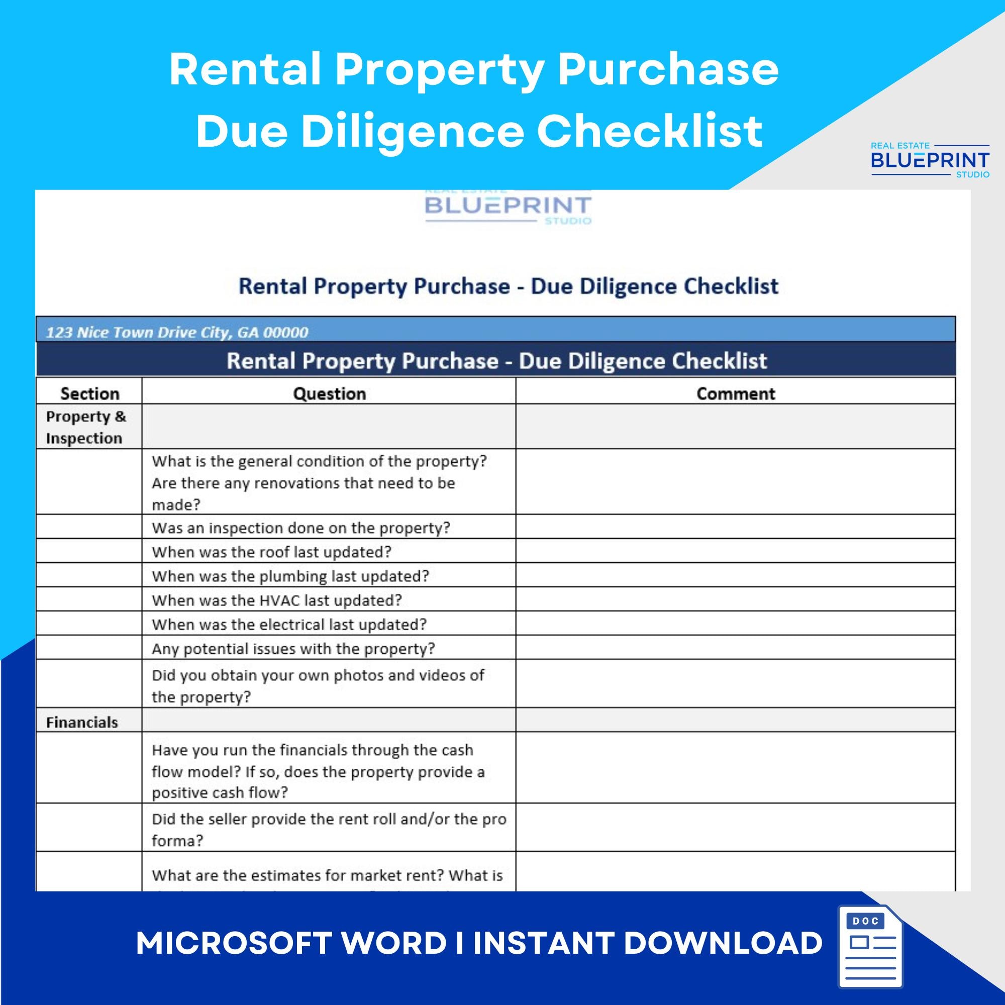 Rental Property Purchase Due Diligence Checklist L Microsoft Word ...
