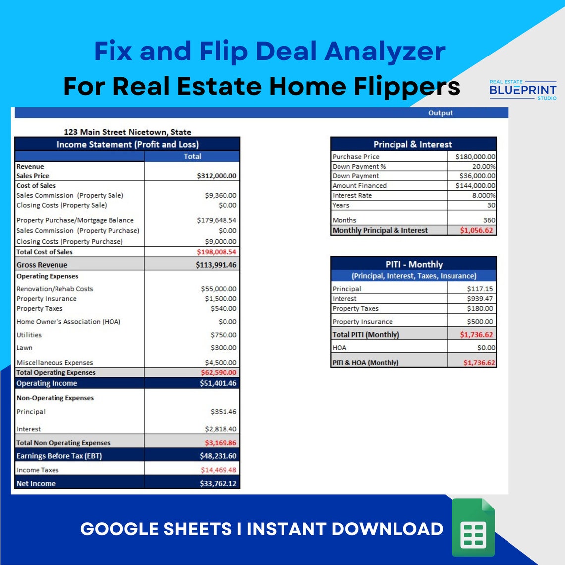 Fix and Flip Deal Analyzer Template for Google Sheets Spreadsheet L ...