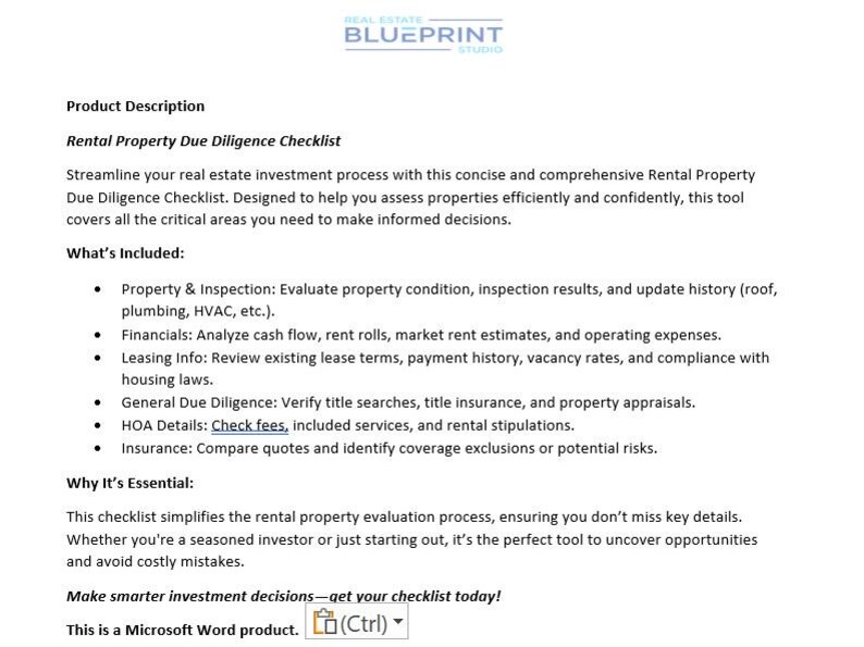 Rental Property Purchase Due Diligence Checklist L Microsoft Word ...