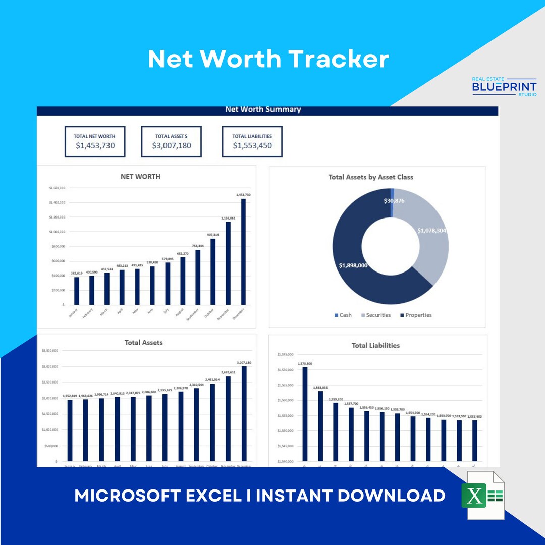 Net Worth Tracker Spreadsheet for Microsoft Excel L Net Worth Dashboard ...