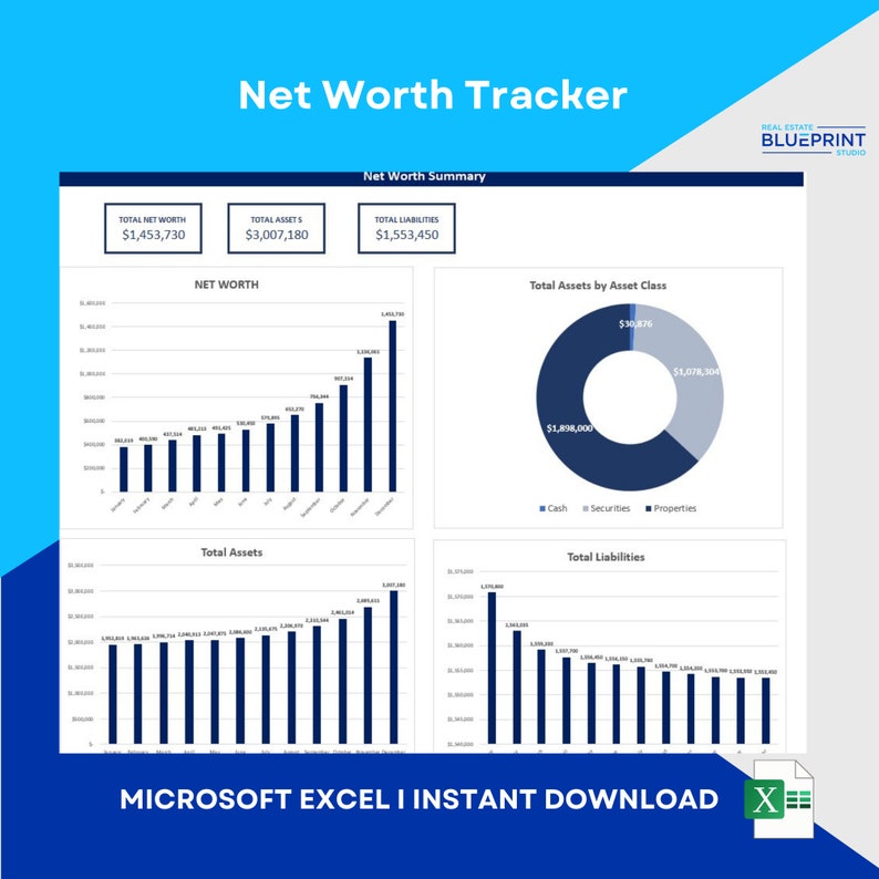 Net Worth Tracker Spreadsheet for Microsoft Excel L Net Worth Dashboard ...