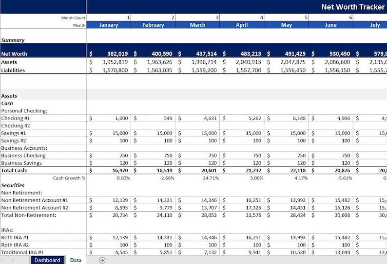 Net Worth Tracker Spreadsheet for Microsoft Excel L Net Worth Dashboard ...