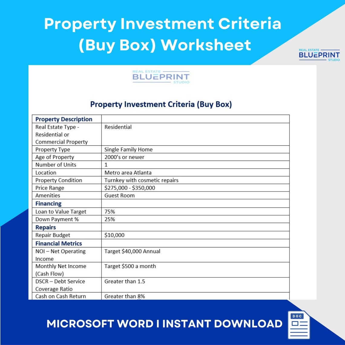 Real Estate Investment Criteria (buy Box) Worksheet L Microsoft Word ...