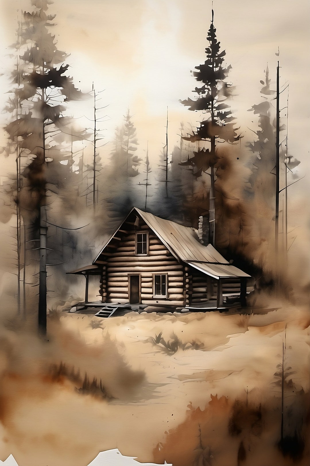 Watercolor Log Cabin Painting 4 | Downloadable JPEG Wall Art Print - Etsy