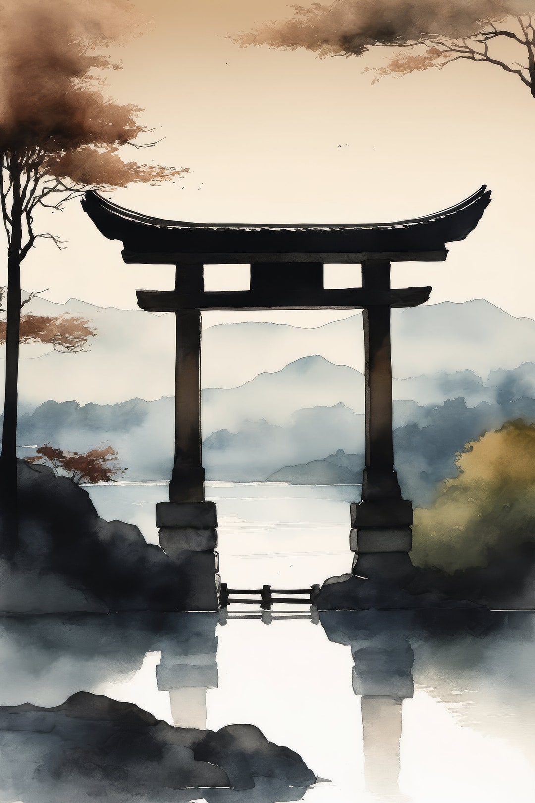 Japandi Torii Gate Watercolor Painting 2 | Downloadable JPEG Wall Art ...