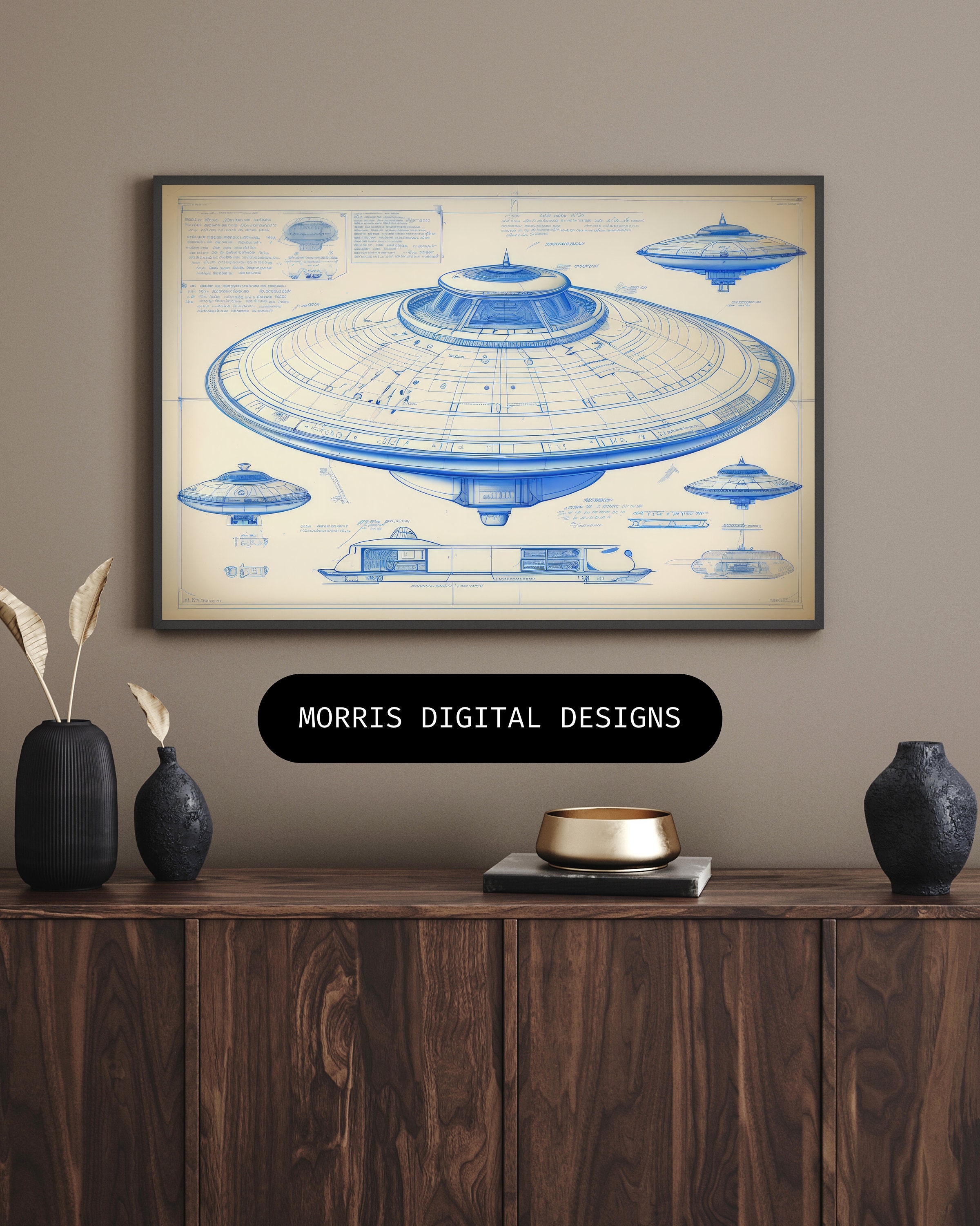 Flying Saucer Blueprint 3 Downloadable JPEG Wall Art Print - Etsy