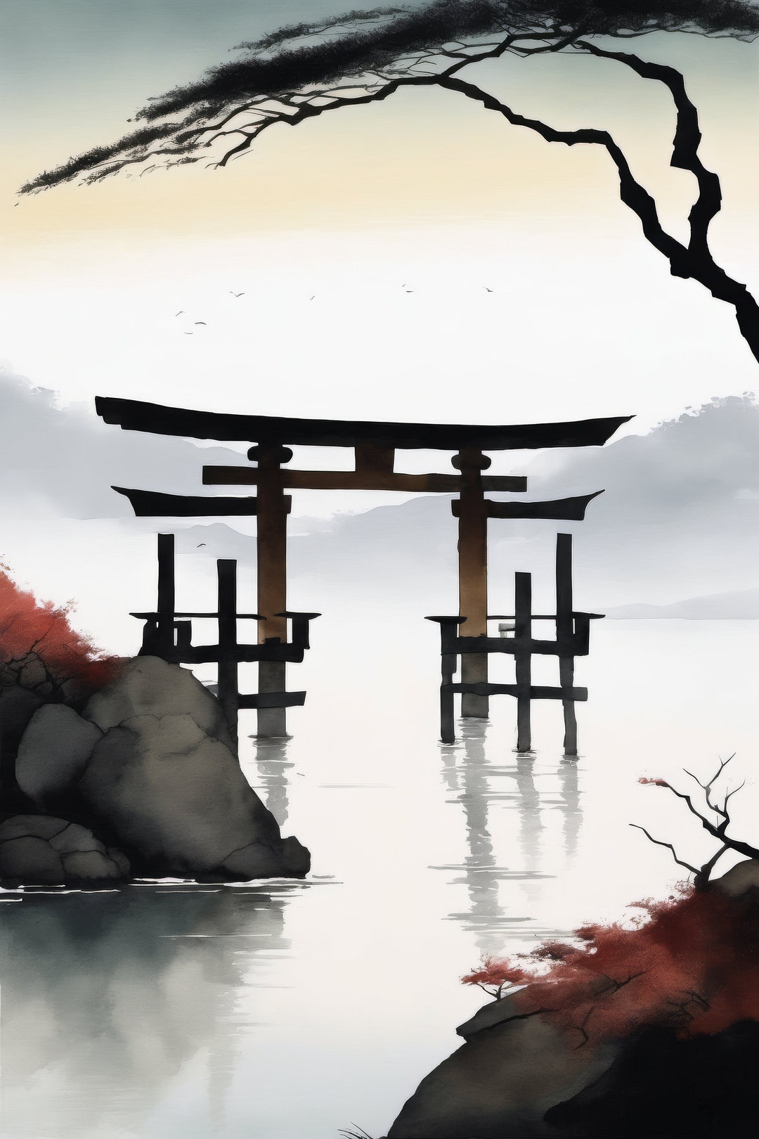 Japandi Torii Gate Watercolor Painting 1 | Downloadable JPEG Wall Art ...