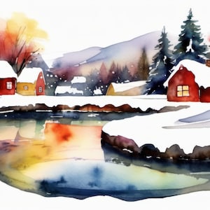 Christmas Village Watercolor Painting | Downloadable JPEG Wall Art ...