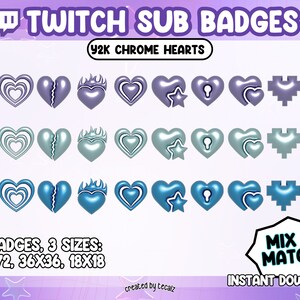 Chrome Y2K Heart SUB BADGES TWITCH Y2K Heart Blue Green Purple Fire ...