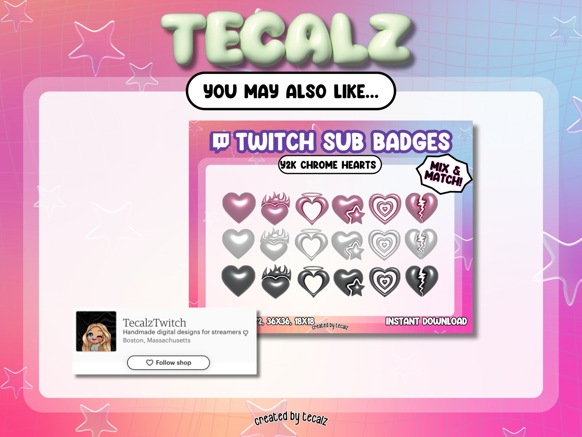 Chrome Y2K Heart SUB BADGES TWITCH Y2K Heart Blue Green Purple Fire ...