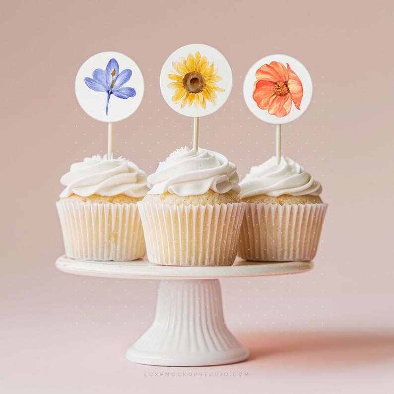 Pink Cupcake Mockup, Canva Template, Girls Birthday Cupcake Toppers, 3 ...