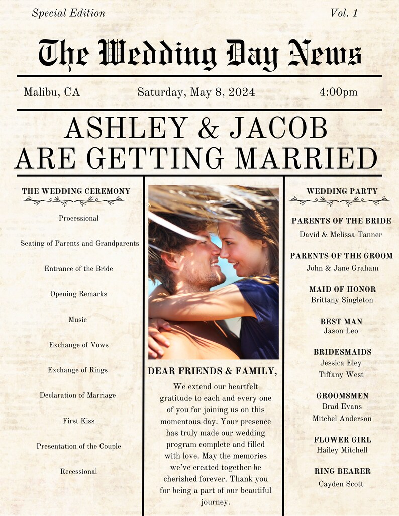 Newspaper Wedding Program, Newspaper Wedding Template, Rustic Wedding ...