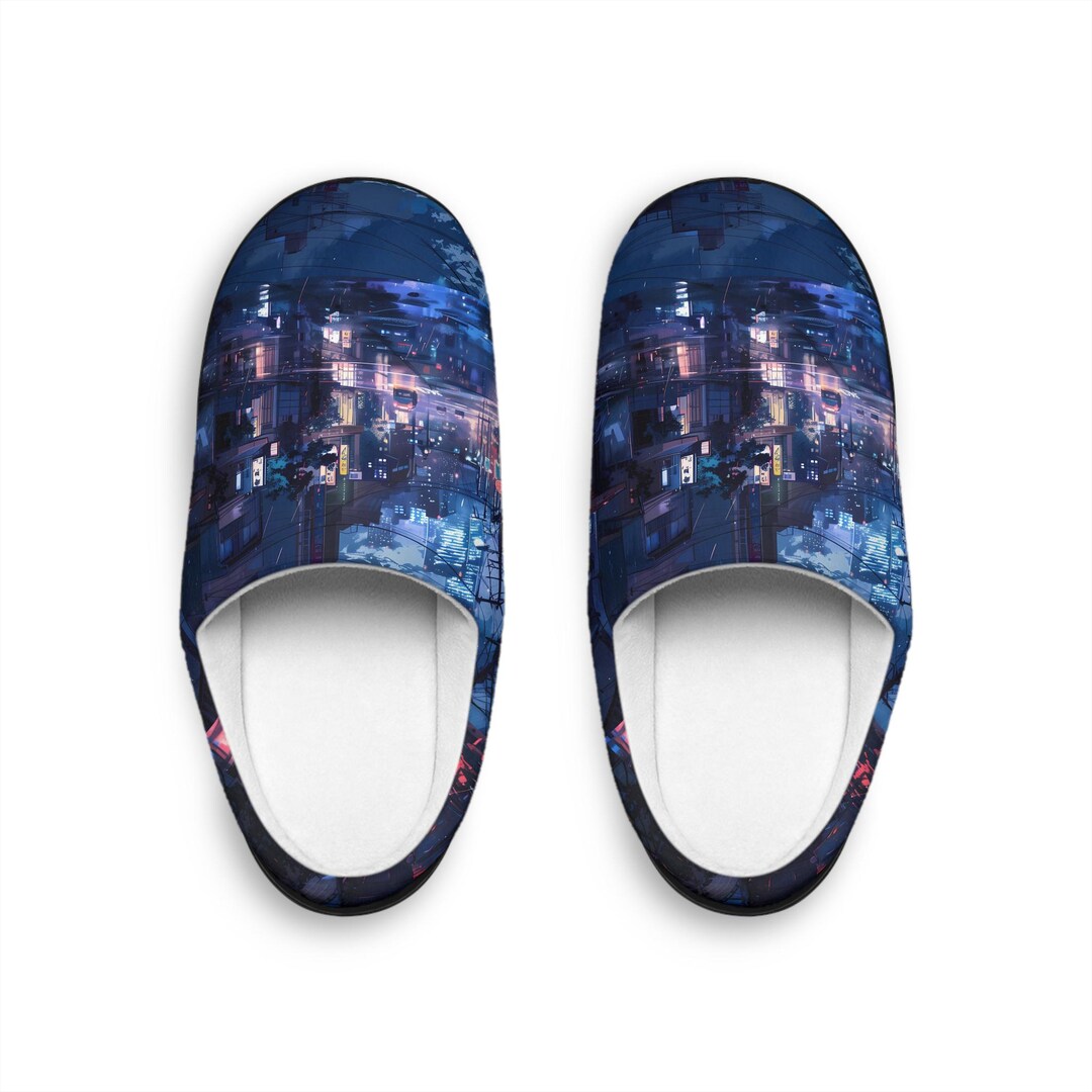 Neon Cityscape Cyberpunk Men's Slippers | Futuristic Urban Nightscape ...