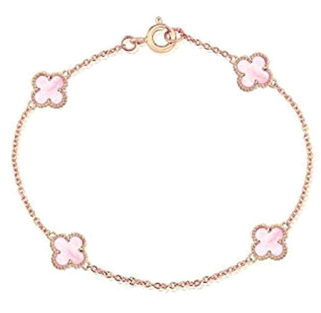 Elegant 14k Solid Gold Pink Opal Clover Flower Chain Bracelet, 7.5 ...
