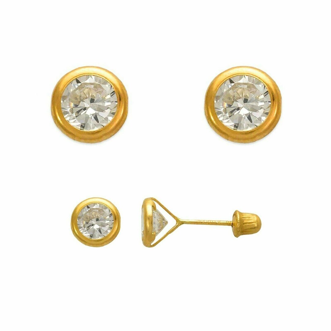 14K Gold Round White CZ Bezel Set Screw Back Stud Earrings,girls Women ...