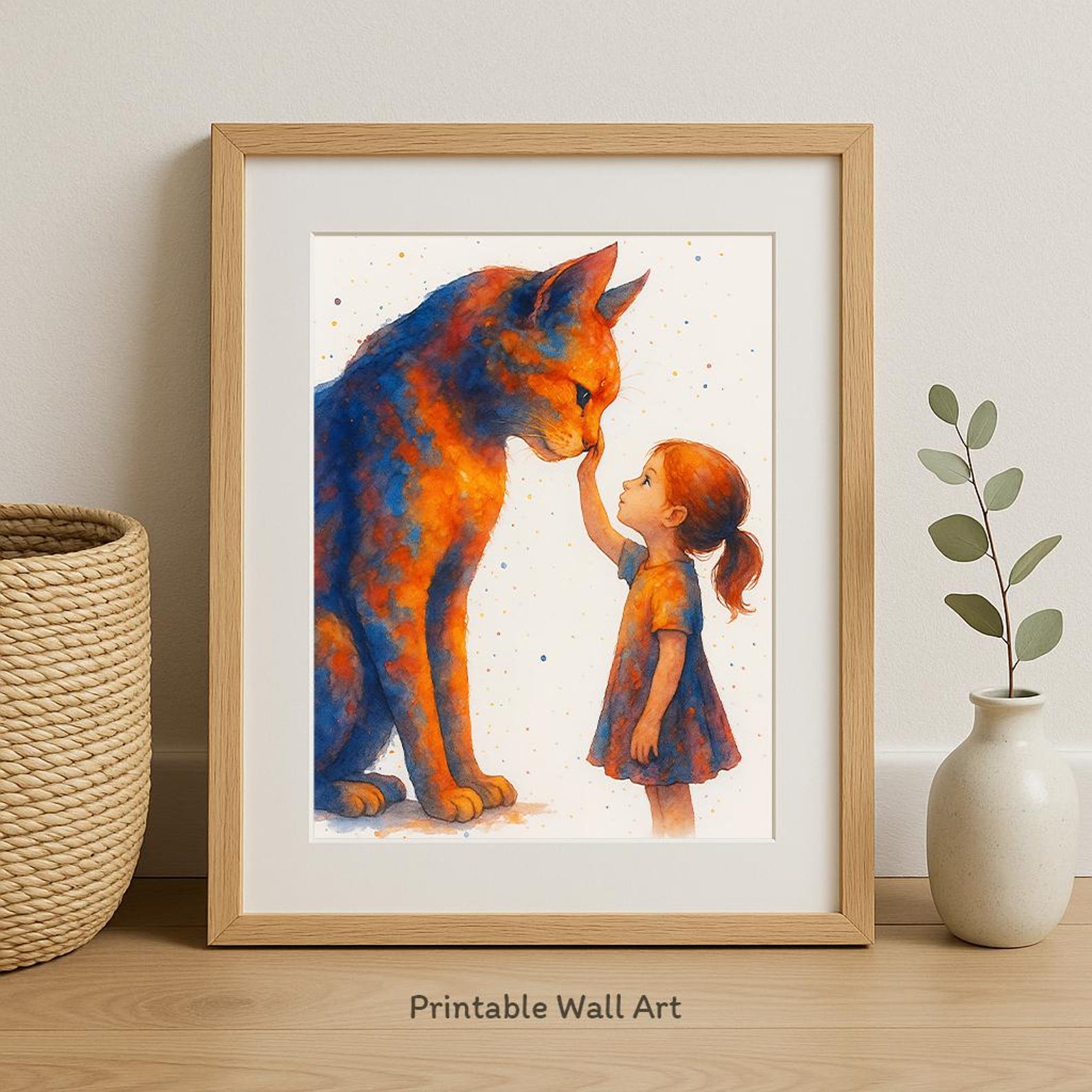 Gentle Touch Watercolor Art | Girl and Giant Cat Printable Wall Art ...