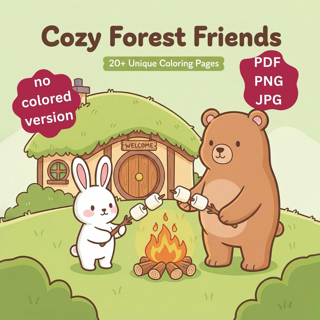 Cozy Forest Friends Coloring Book: 20+ Bear Bunny Printable PDF Square ...