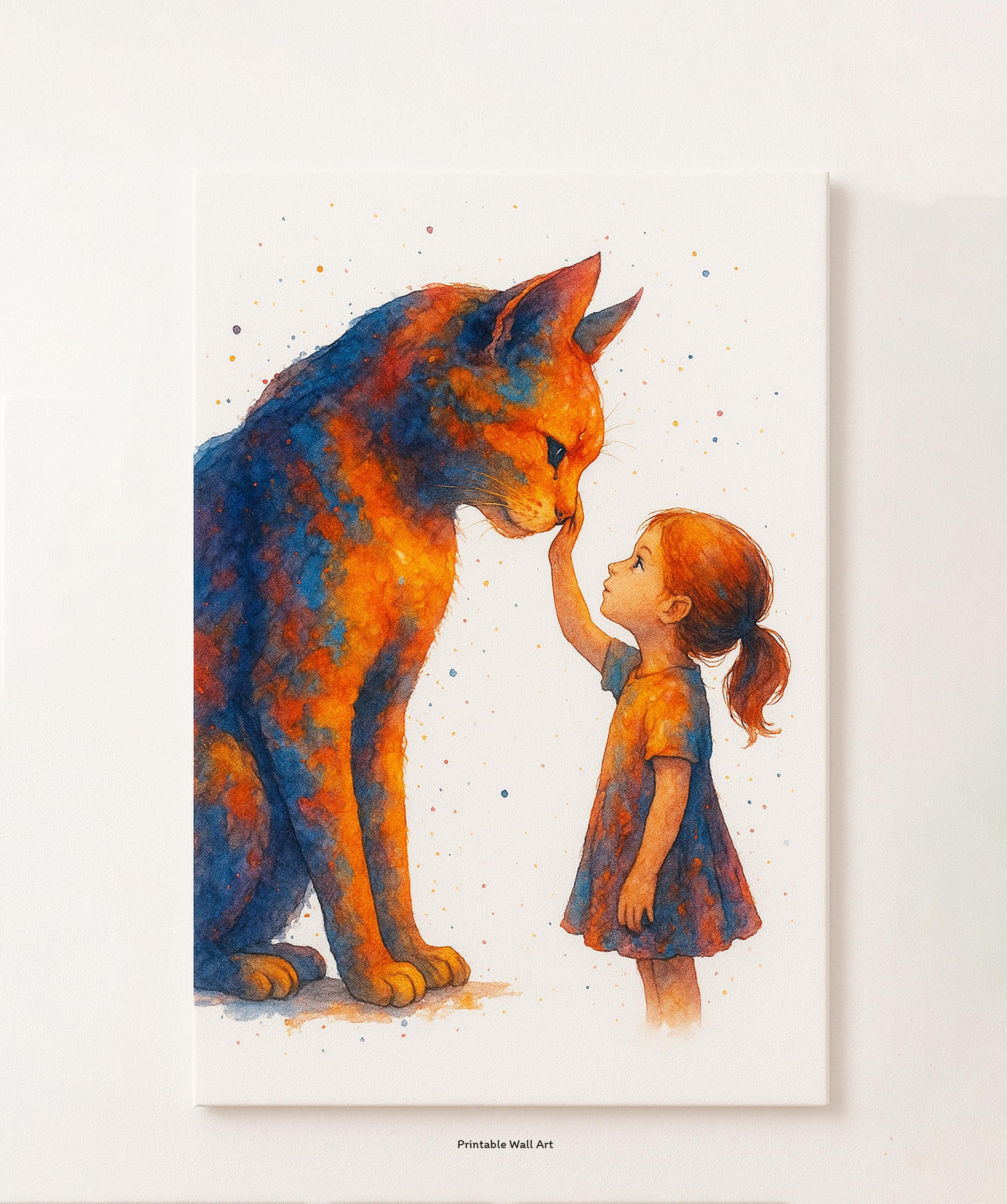 Gentle Touch Watercolor Art | Girl and Giant Cat Printable Wall Art ...