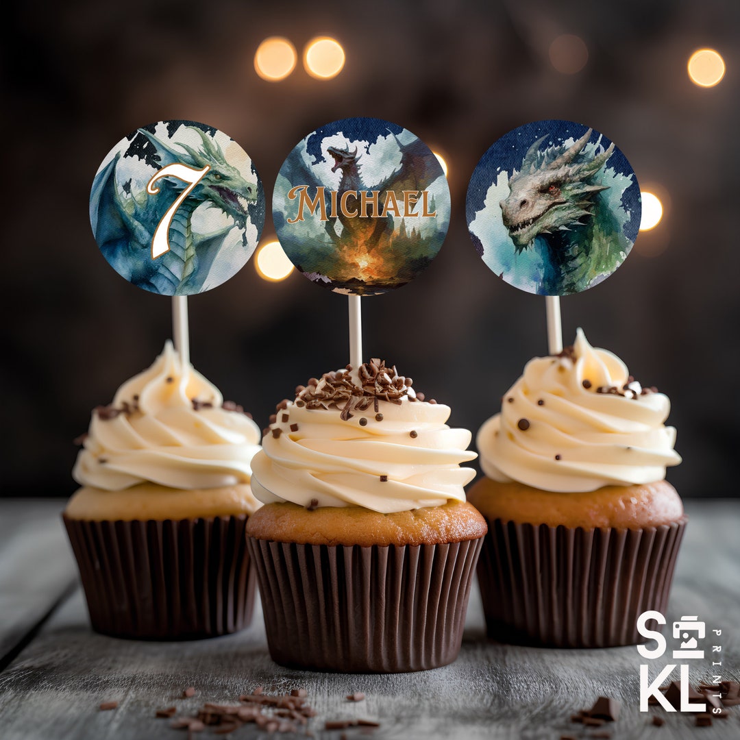 Editable/printable DRAGON Theme Birthday, Cupcake Topper Template ...