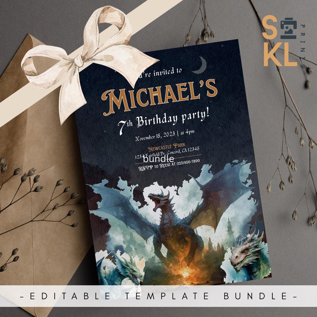 BUNDLE - Dragon Theme Birthday Template, Editable, Custom, Printable - Etsy