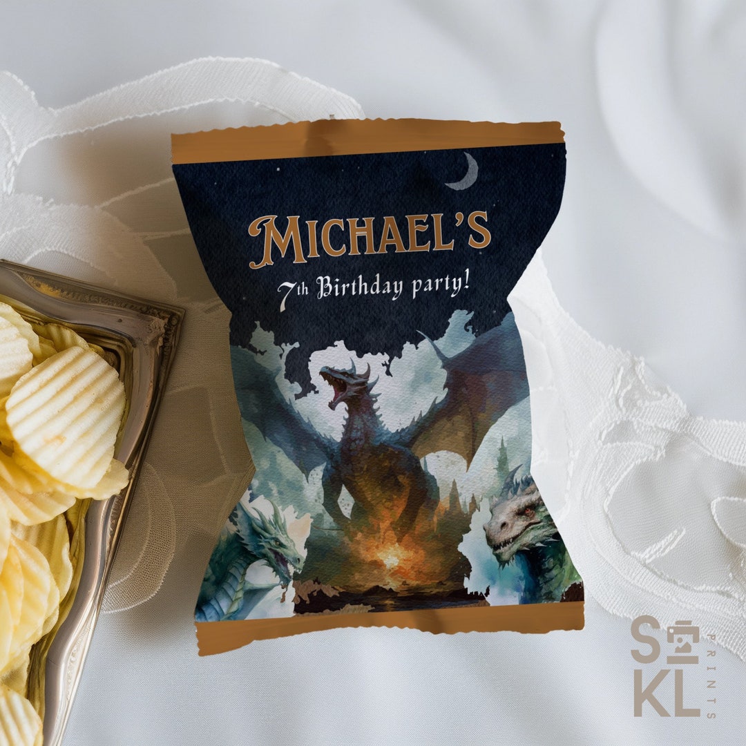 Editable - DRAGON Theme Birthday Chip Bag Template, Personalized Chip ...