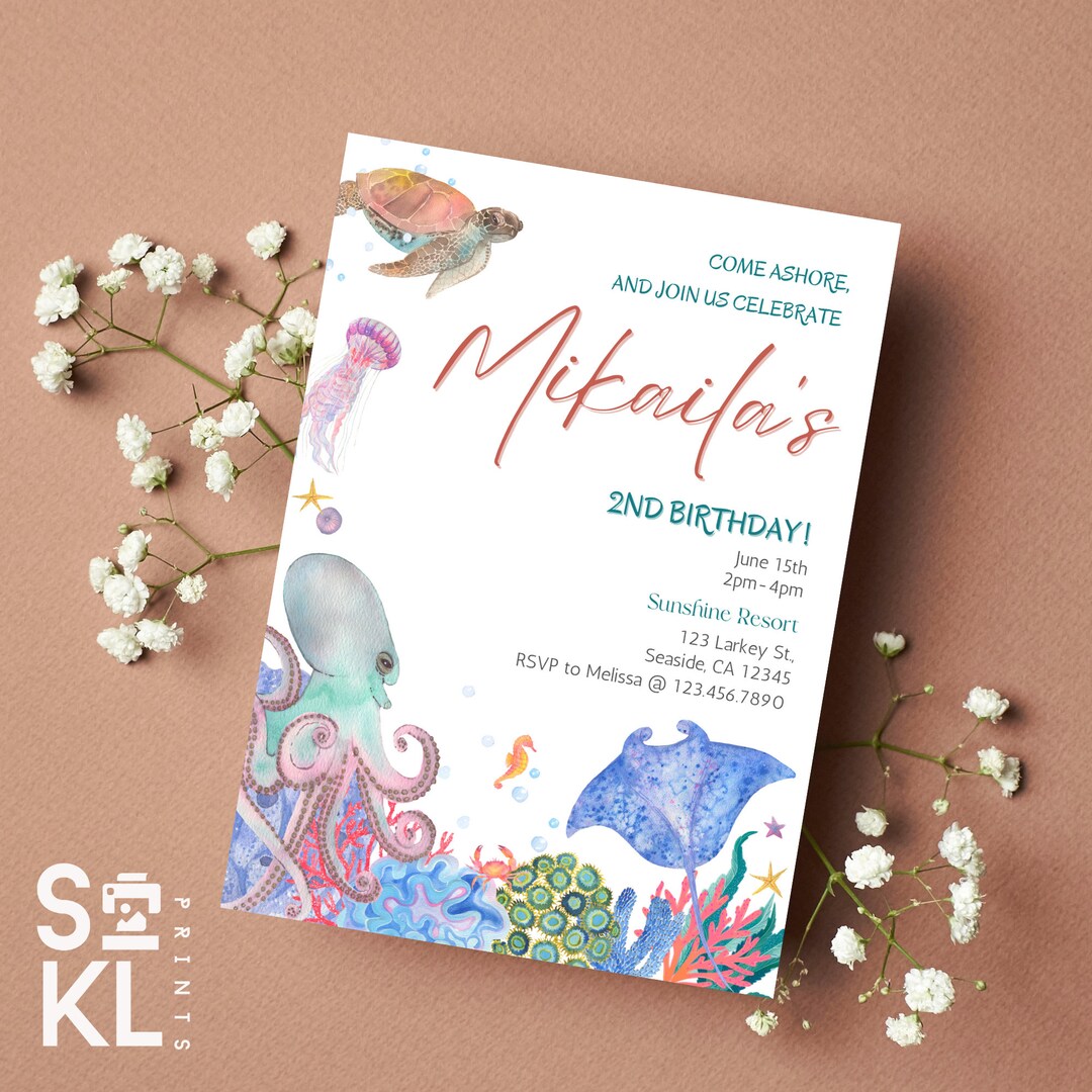 Editable - Ocean Theme Birthday Party Invitation Template, Personalized ...
