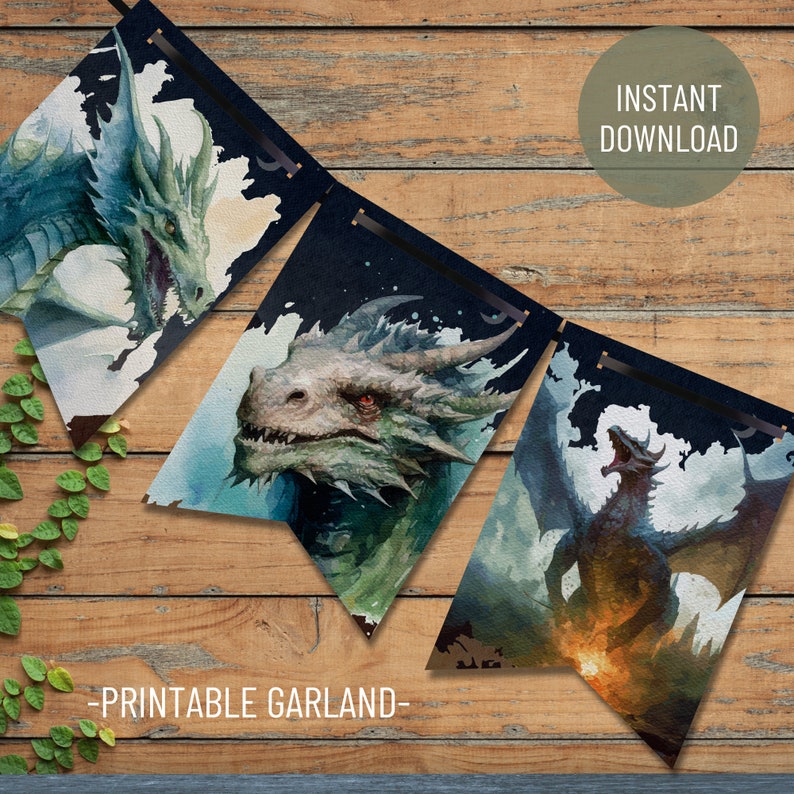 PRINTABLE Set of Dragon Theme Garland, Bunting, Birthday Party Decor ...