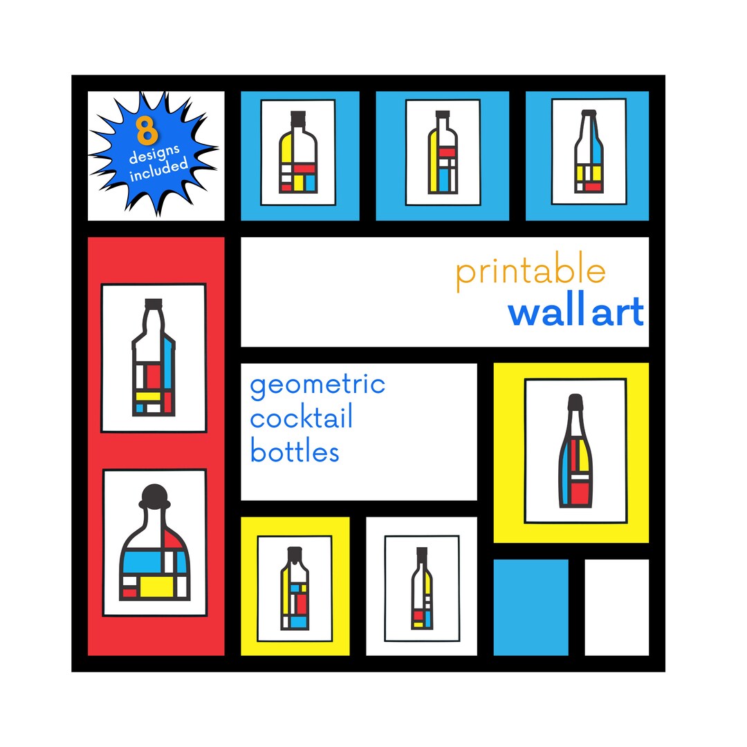 Geometric Cocktail Bottle Art Bundle, Funky Home Decor, Unique Holiday ...